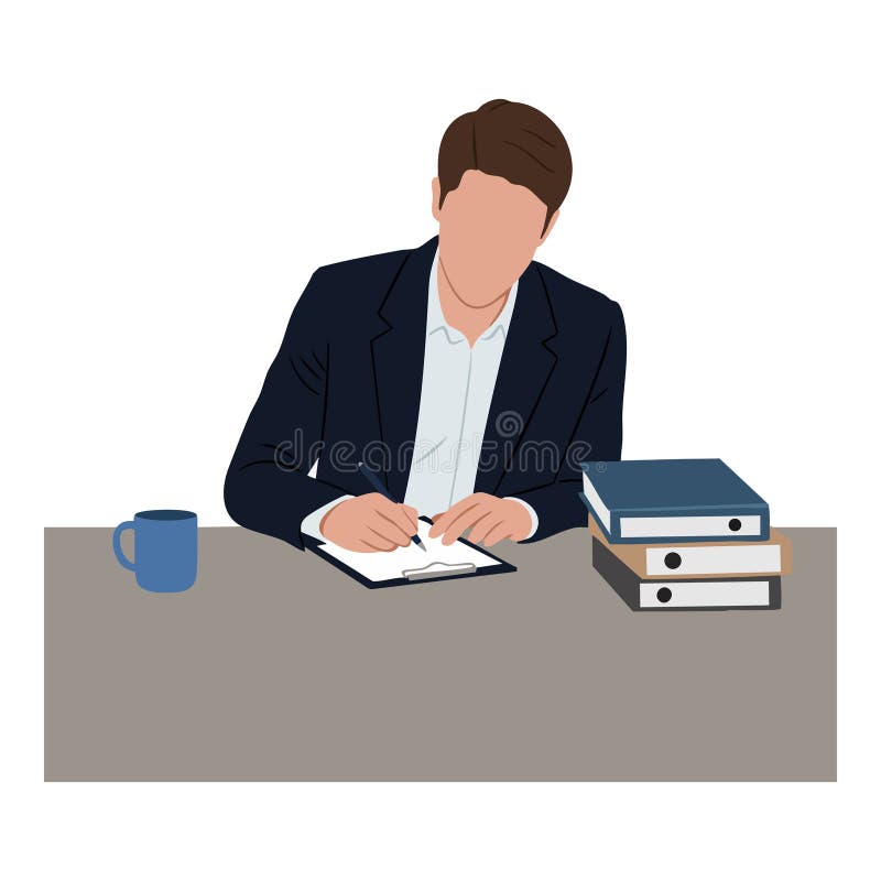 Man Writing Notes at Desk with Folders and Coffee Cup in Office Setting ...