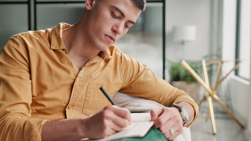Man, Writing and Notes with Journal in Home Living Room for Planning ...