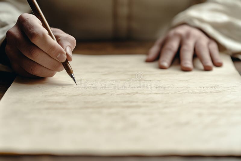 Man Writing Old Fashioned Letter with Feather Pen on Parchment Stock ...