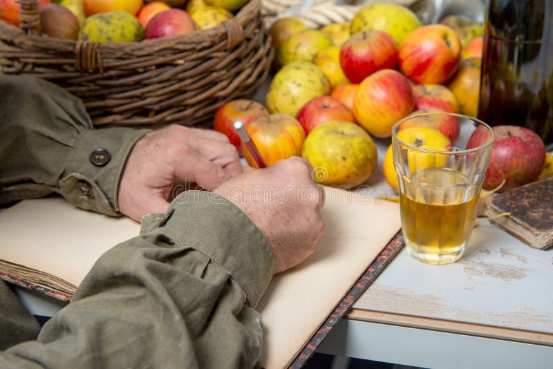 Man Writing on Old Notebook with Glass of Cider Stock Photo - Image of ...