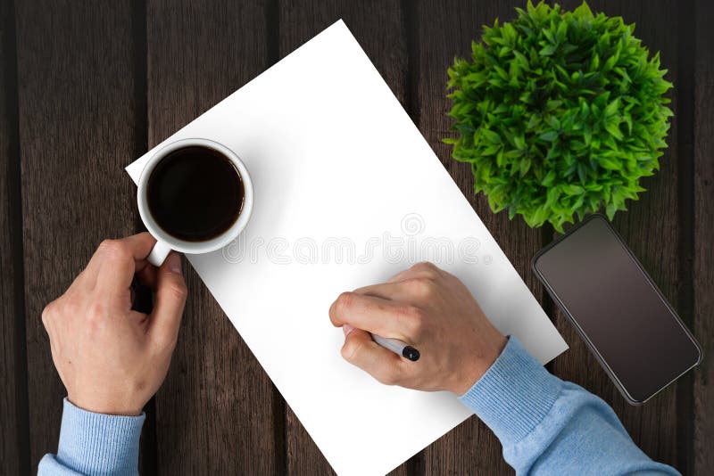 Man Writing on Paper while Drinking Coffee Stock Illustration ...