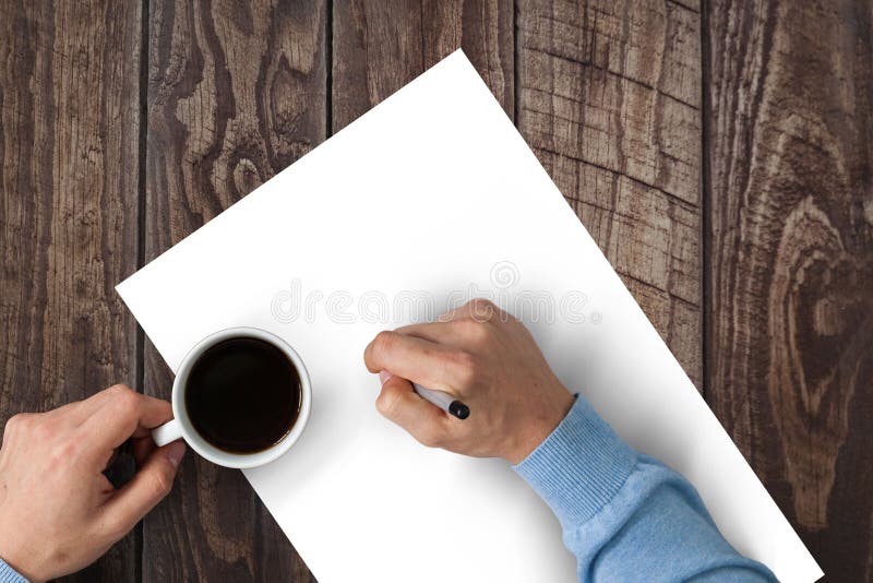 Man Writing on Paper while Drinking Coffee Stock Illustration ...