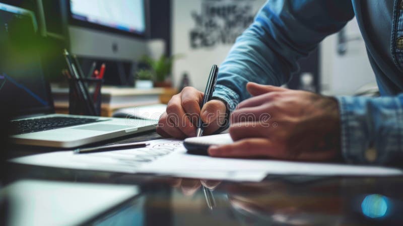 Man Writing on Paper in Front of Computer Stock Image - Image of ...