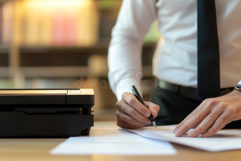 A Man is Writing on a Piece of Paper with a Pen at a Table Stock ...