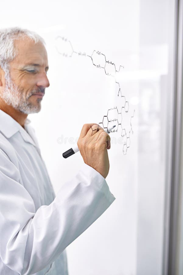 Man, Writing and Science by Glass Wall with Thinking for Formula ...