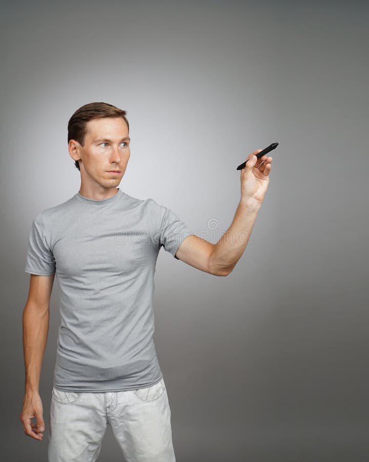 Man Writing Something with Marker on Glass Board. Stock Image - Image ...