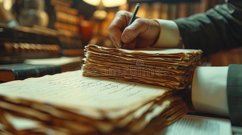 A Man is Writing on a Stack of Old Papers Stock Illustration ...