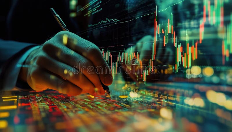 Man Writing Stock Market Notes and Analyzing Forex Chart in Double ...
