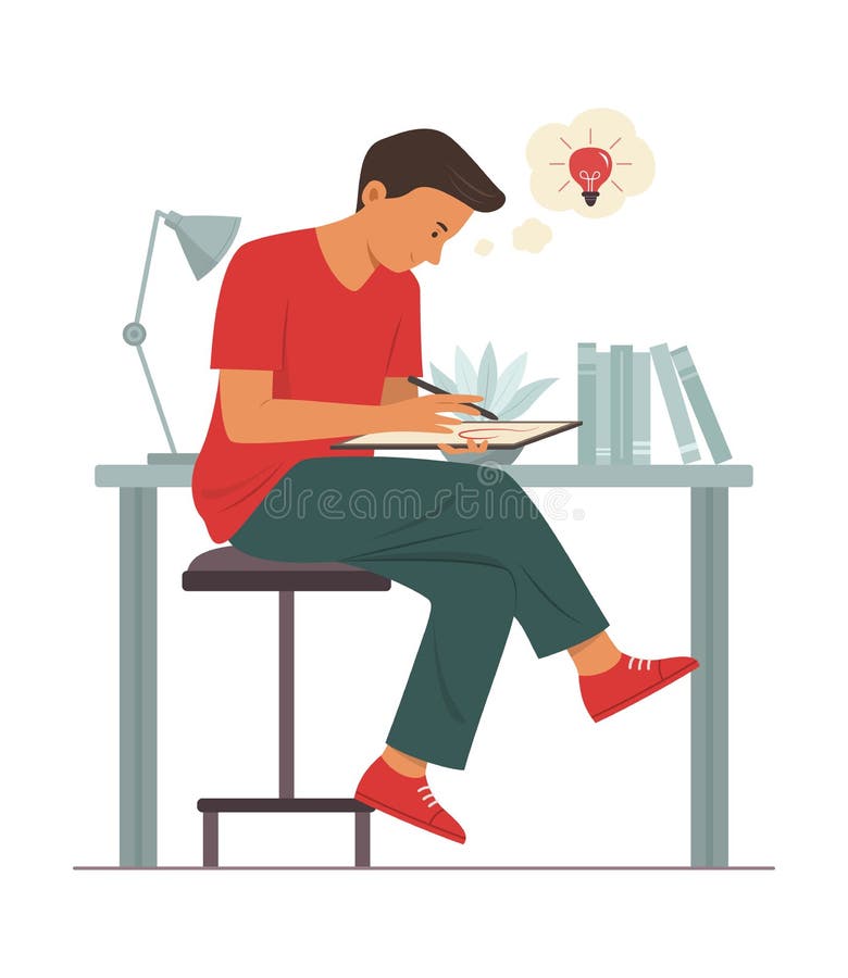 Man Writing on Tablet while Thinking Good Idea Stock Vector ...