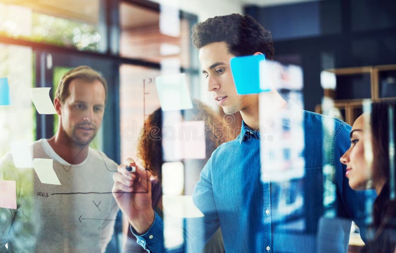 Man, Writing and Team at Glass for Creativity, Brainstorming or Project ...