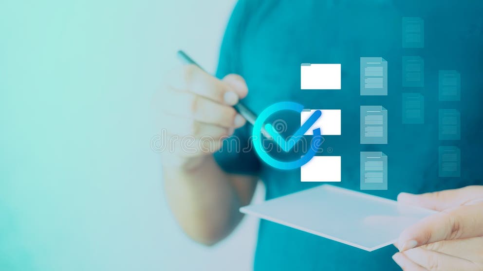 Man Writing or Tick Correct Mark To Approve Document and Folder Online ...