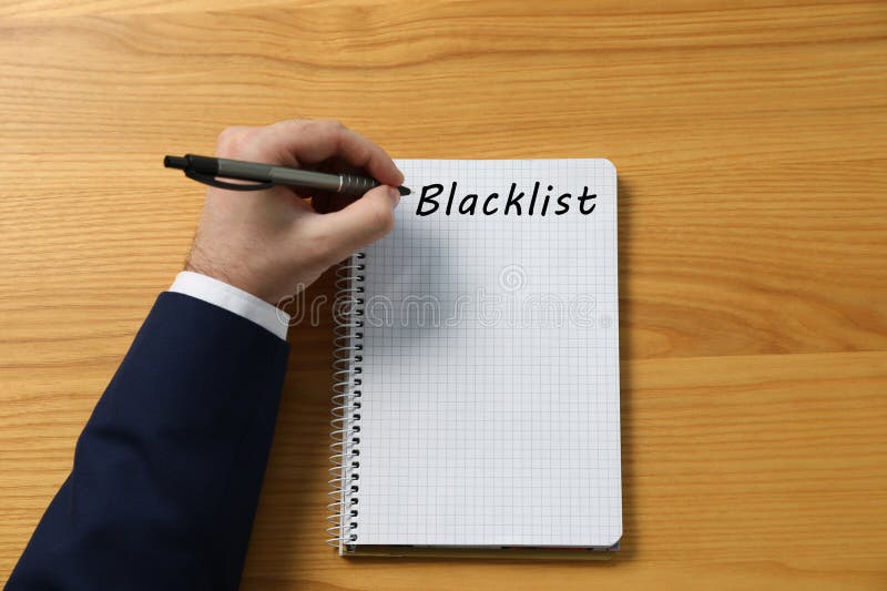 Man Writing Word Blacklist in Notebook at Wooden Table, Top View Stock ...