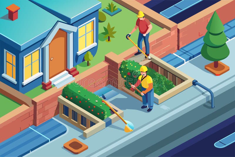 A Man in a Yellow Helmet is Actively Cleaning a Garden, Gutter Cleaning ...