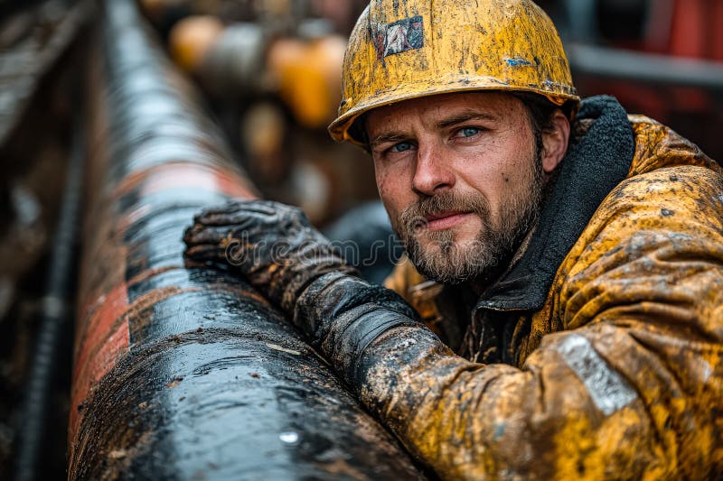 Man in a Yellow Jacket and a Hard Hat is Leaning on a Pipe Stock Photo ...