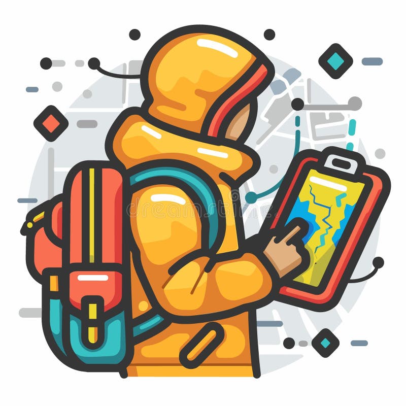 Man in a Yellow Jacket is Holding a Tablet and Looking at a Map Stock ... Man in a Yellow Jacket is Holding a Tablet and Looking at a Map Stock ...