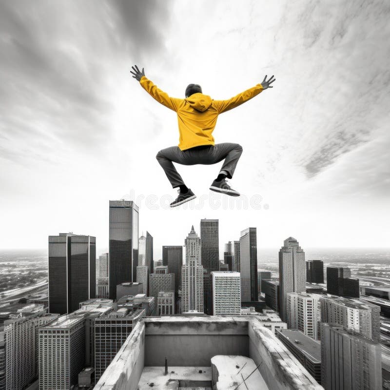 A Man in Yellow Jacket Jumping Off a Building into the Air, AI Stock ...