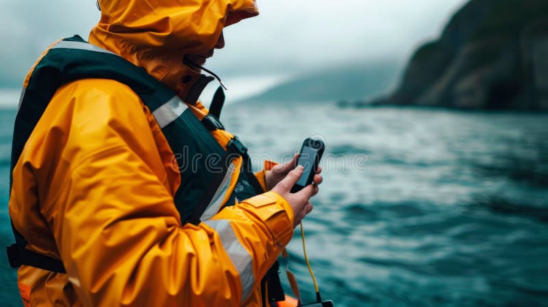 Man in Yellow Jacket Looking at Cell Phone Stock Image - Image of ...