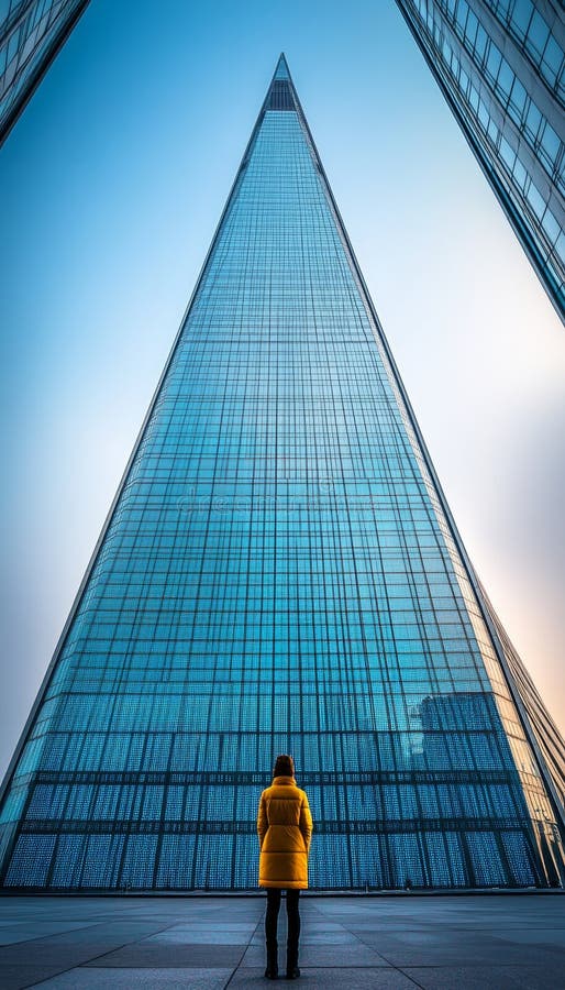 Man in Yellow Jacket Looking Up at the Modern Glass Facade of ...