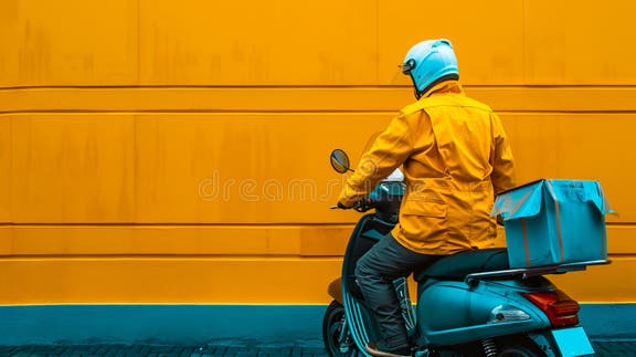 A Man in Yellow Jacket Riding a Scooter with a Box Stock Image - Image ...