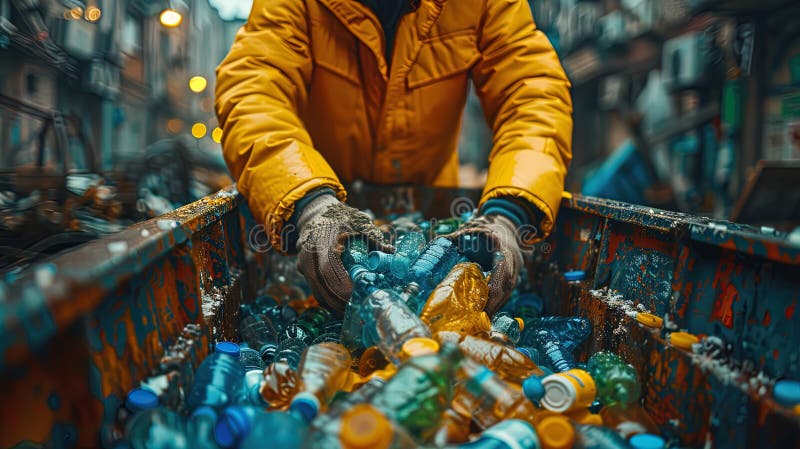 A Man in a Yellow Jacket is Sorting through a Pile of Plastic Bottles ...