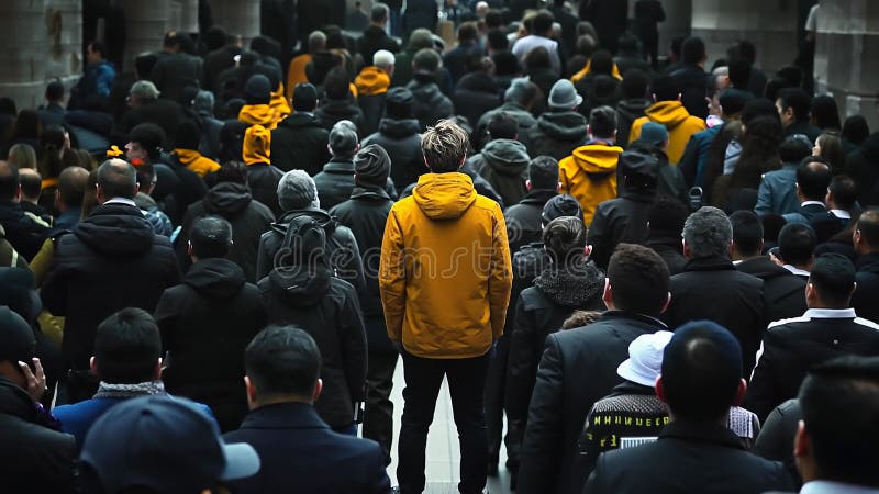 Man in Yellow Jacket Standing in Crowd Looks Forward in Urban Setting ...