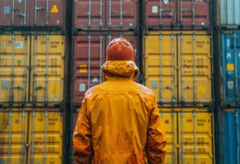Man in Yellow Jacket Stands in Front of Stack of Shipping Containers ...