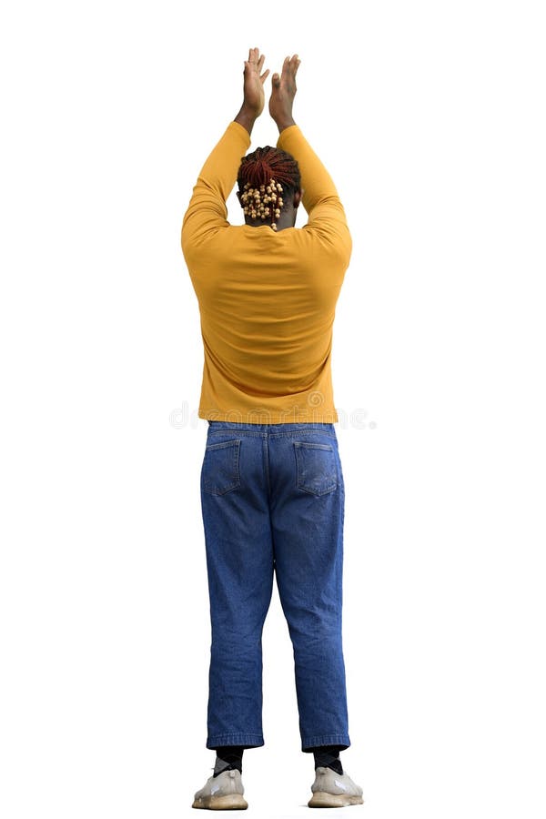 A Man in a Yellow Jacket on White Background Raised His Hands Up and ...