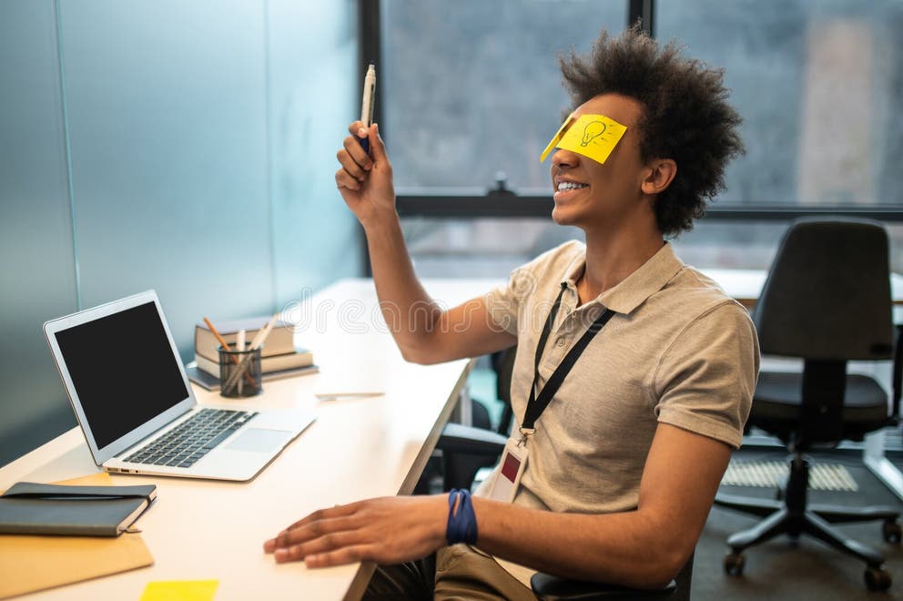 Man with Yellow Notes on Face Having Fun in Office Stock Image - Image ...