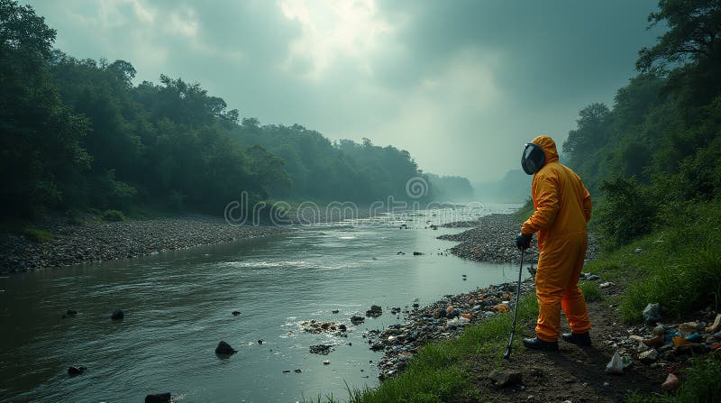 Man in Yellow Protective Suit Stands in the Middle of Street with Gas ...