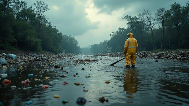 Man in Yellow Protective Suit Stands in the Middle of Street with Gas ...
