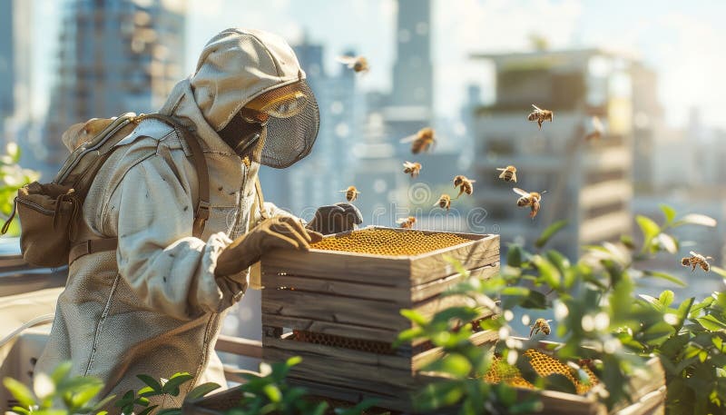 A Man in a Yellow Raincoat is Feeding Bees by AI Generated Image Stock ...