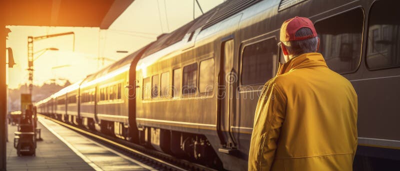 Man in Yellow Raincoat Stands on Platform Next To Train Stock Photo ...