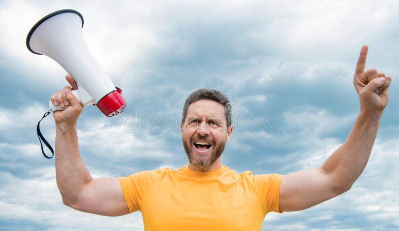 Man in Red Shirt Shout in Loudspeaker on Sky Background Stock Image ...