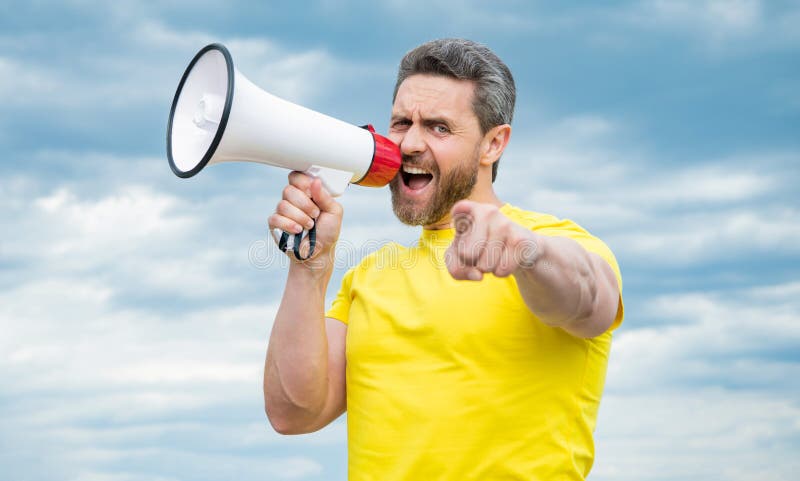 Man in Yellow Shirt Shout in Megaphone on Sky Background. Advertisement ...