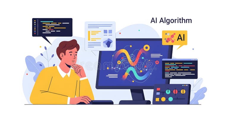 Man Working on Computer with Data Visualization and AI Algorithm Concept Stock Illustration ...