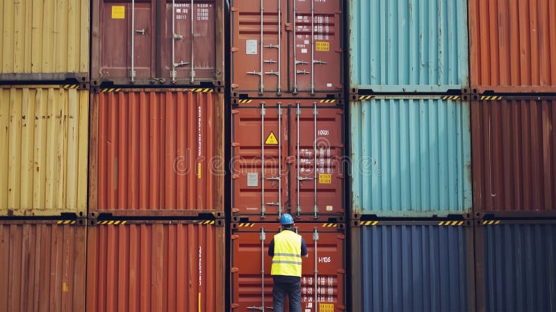 A Man in a Yellow Vest is Standing in Front of a Stack of Containers ...