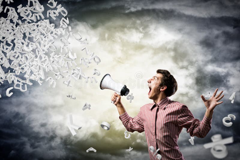 Man yells into a megaphone stock image. Image of communication - 36070547