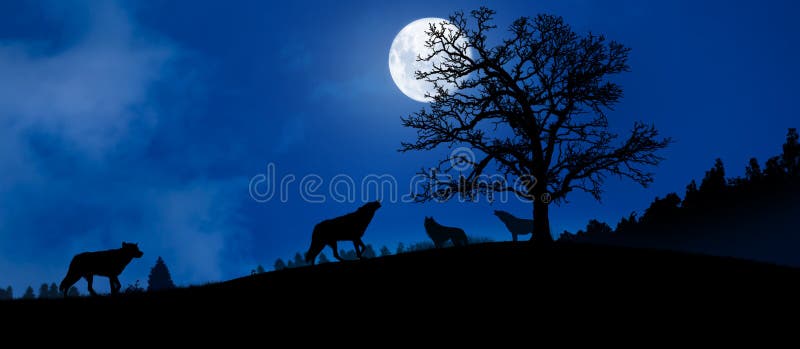 Manada De Lobos En El Bosque Con Luna Llena Stock de ilustración ...