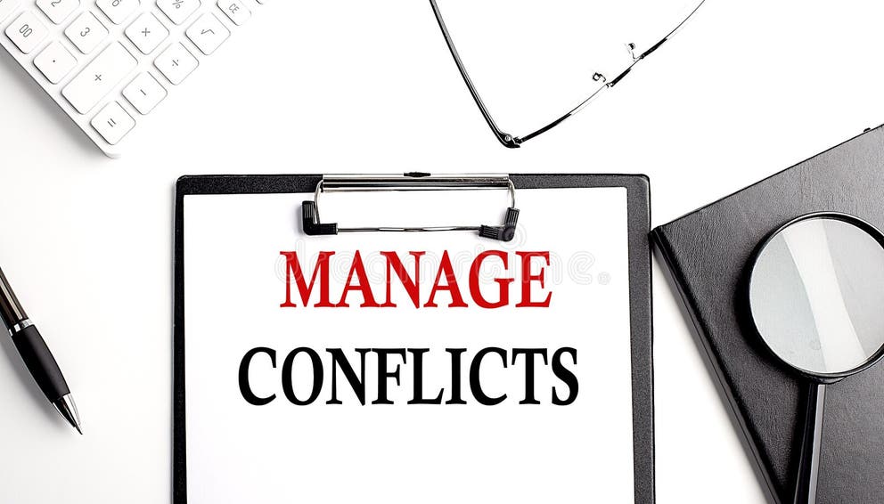 MANAGE CONFLICTS Text on White Paper. the Inscription on the Notebook ...