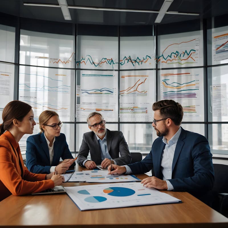 Management Team Discussing Performance Reviews with Floating Charts and ...