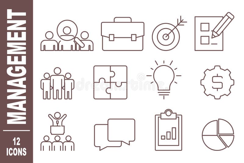Title: Set of 12 Management Web Icons in Line Style. Teamwork, Strategy ...