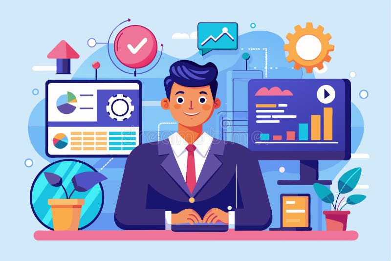 A Manager Analyzes Business Development Metrics on Dual Monitors with ...