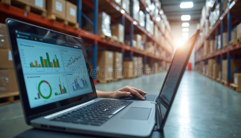Manager Analyzes Warehouse Logistic Using Laptop with Graphs. Computer ...