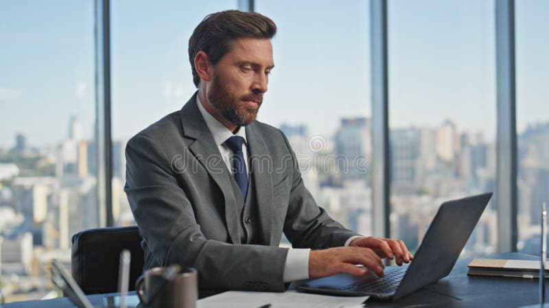 Manager Analyzing Sales Data Checking Report Paper. Handsome Man Typing ...