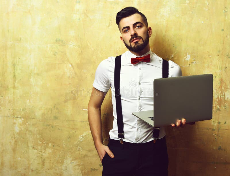 Manager with Beard and Confident Face Expression Holding Laptop Stock ...