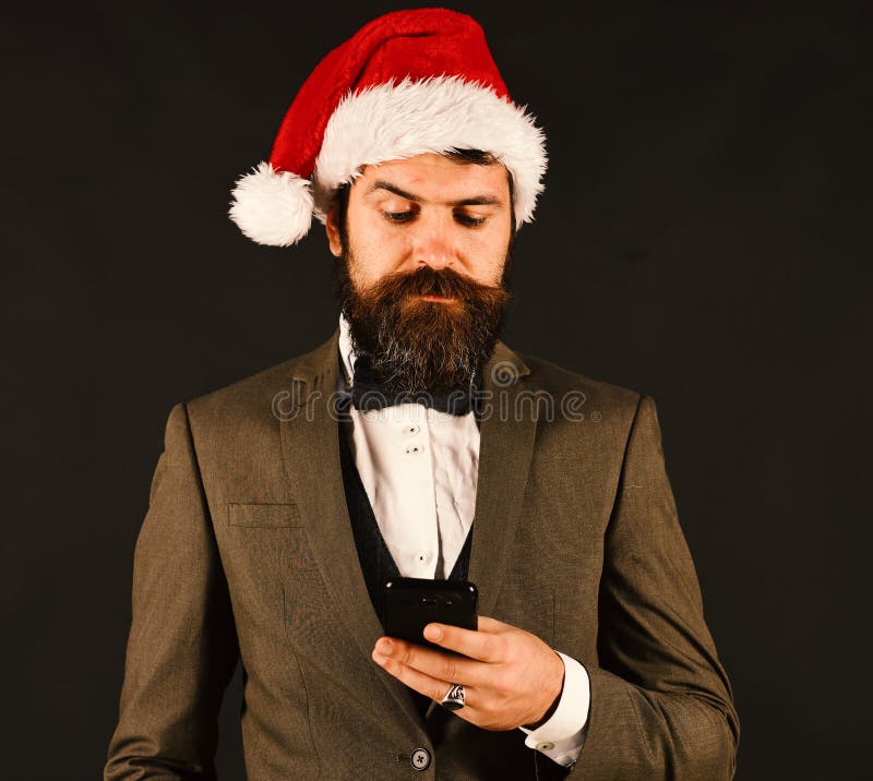 Manager with Beard Types Message on Cell Phone. Stock Image - Image of ...