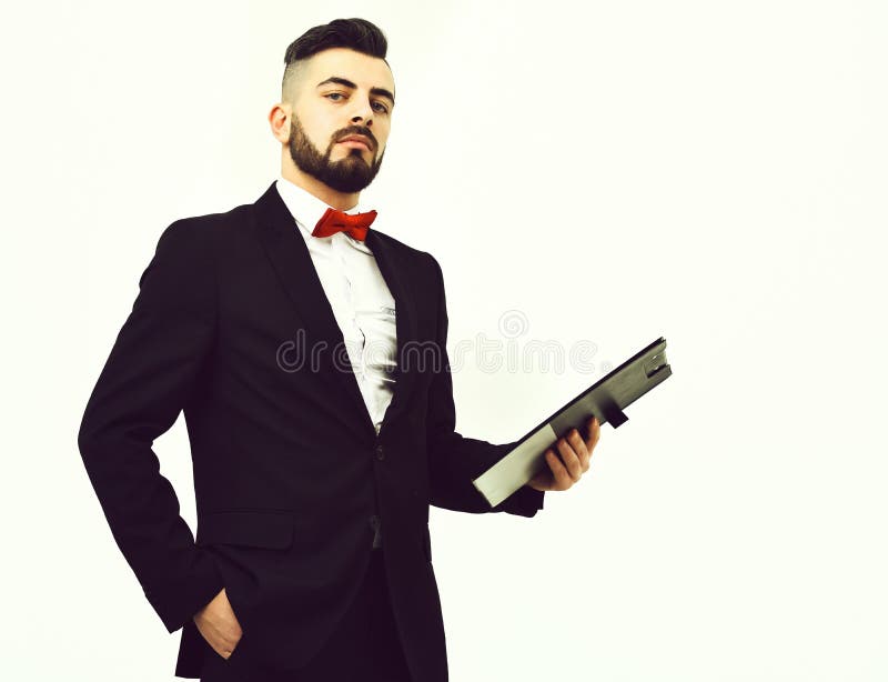 Manager in Black Suit and Red Bow Holds Clip Folder Stock Image - Image ...