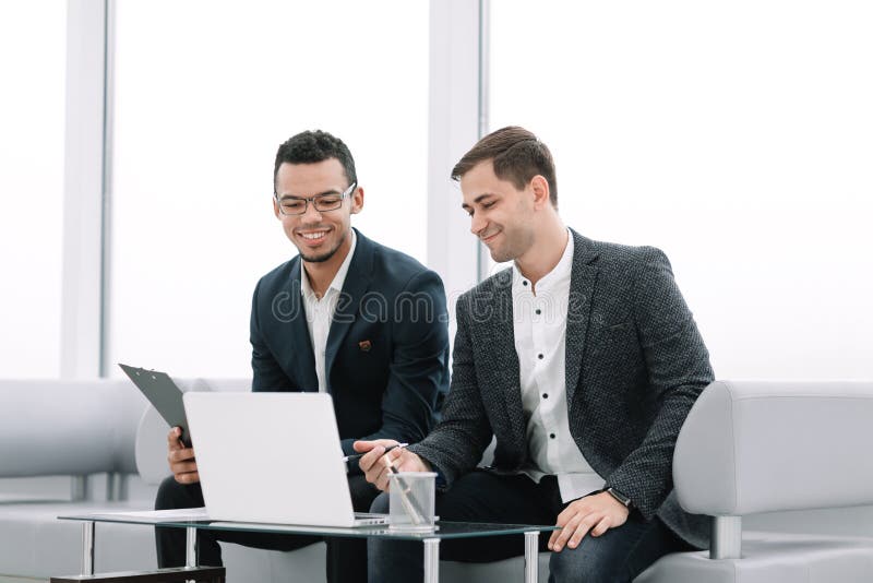 Manager and Client Talking in the Office Lobby Stock Image - Image of ...