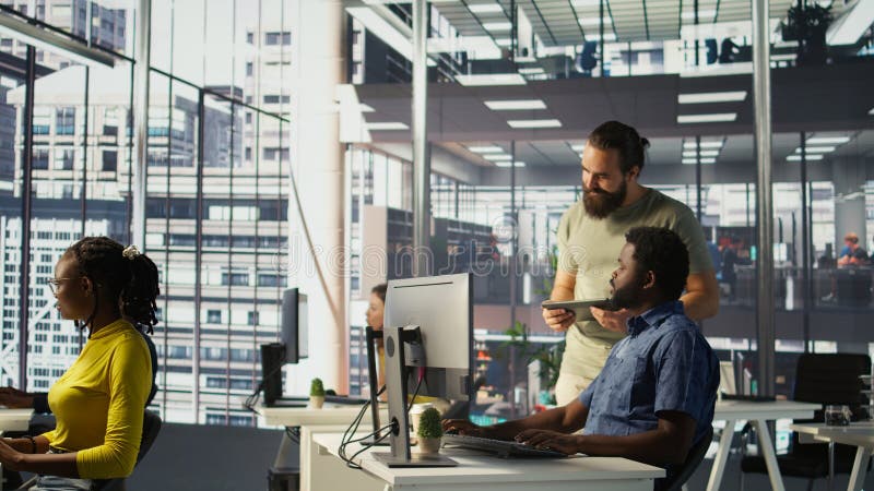 Manager Coming To Check on it Employee at Office Desk Testing Code ...