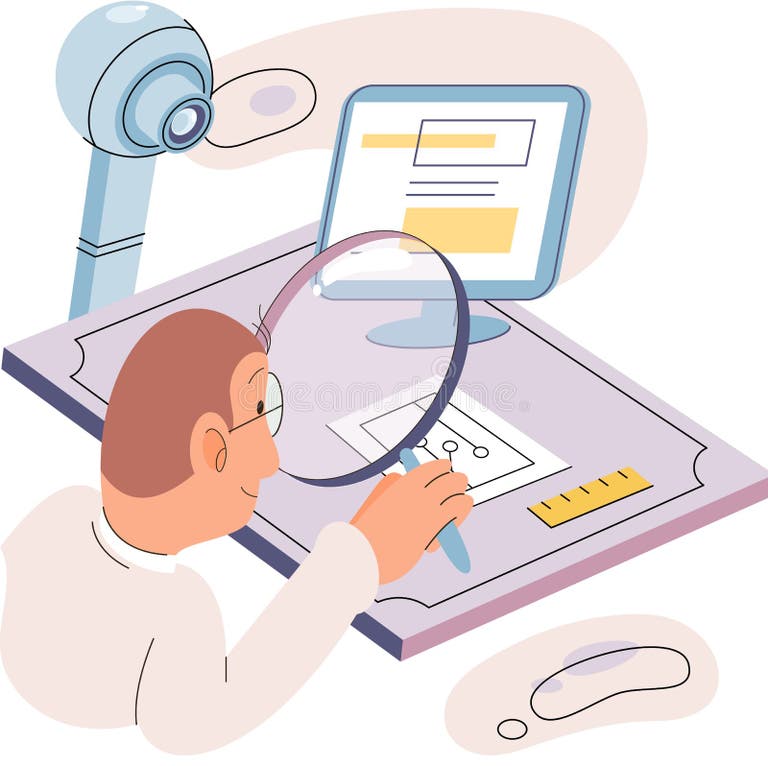 Manager Engineer Examines Machine Scheme with Loupe. Manufacturing ...